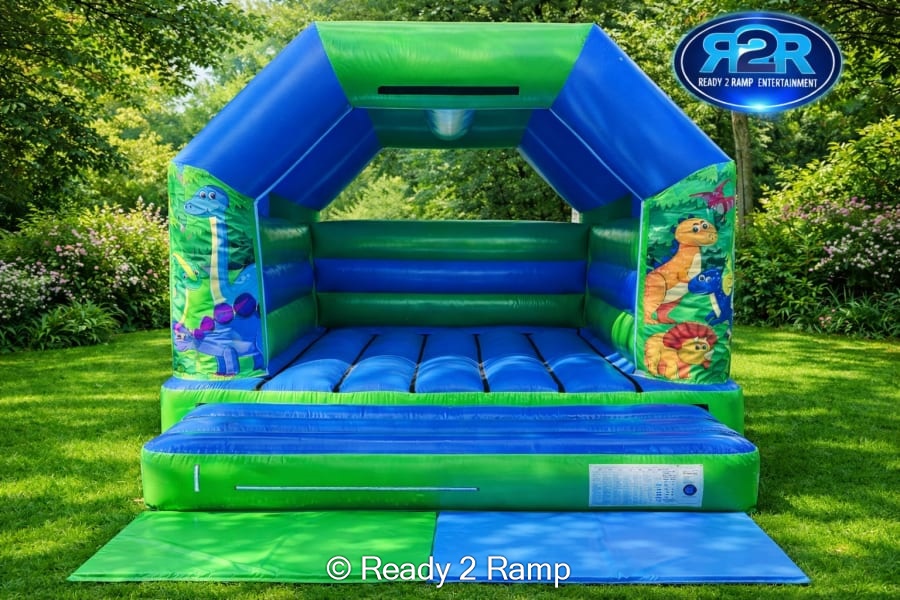 Dinosaur Green/Blue bouncy castle Size: 13ft Wide x 18ft Long x 9.5ft ...